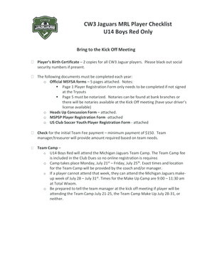Fillable Online cw3sa CW3 Jaguars MRL Player Checklist U14 Boys Red Only - cw3sa Fax Email Print ...