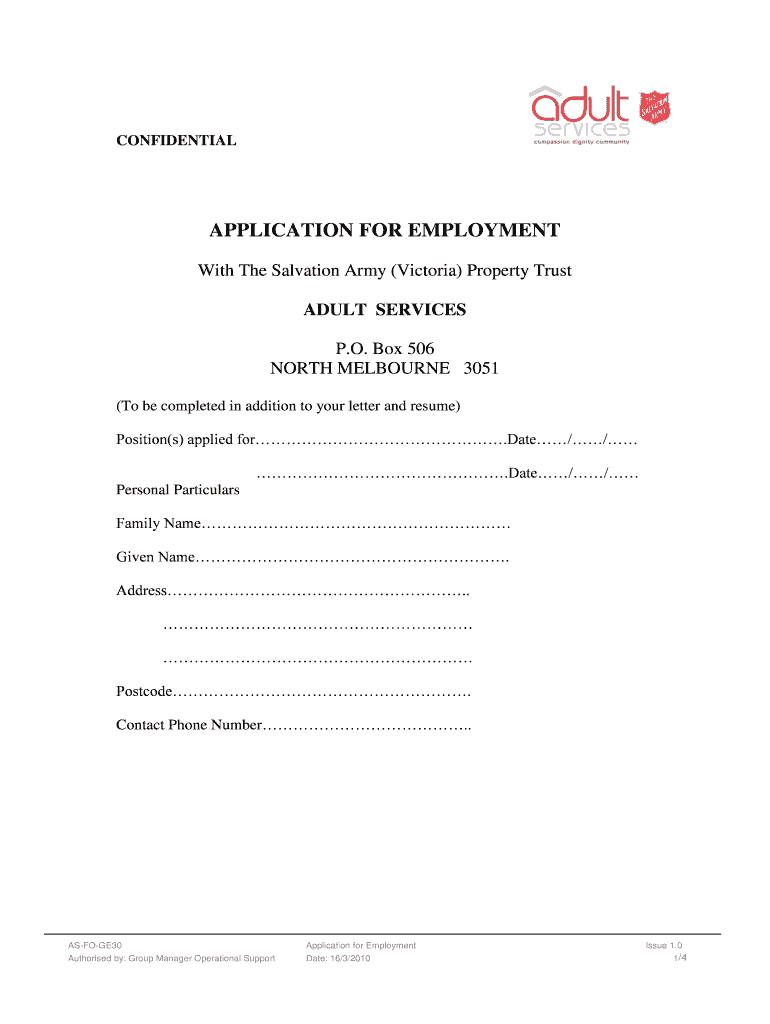 Fillable Online APPLICATION FOR EMPLOYMENT - Salvation Army Fax Email ...