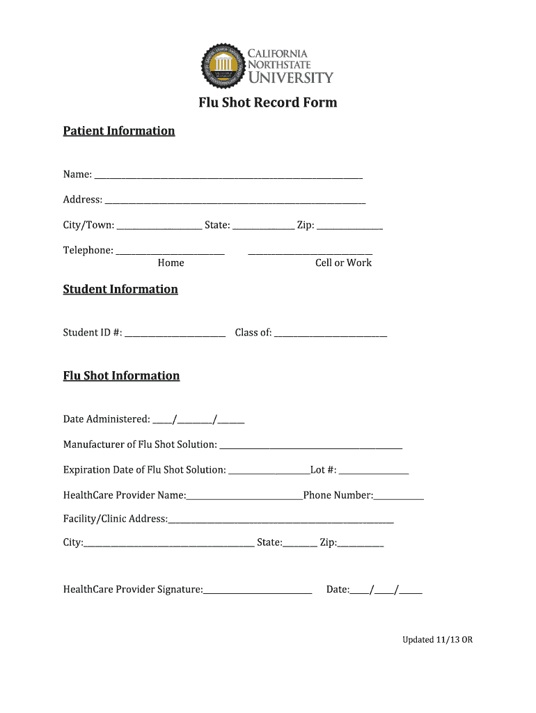 Fillable Online Flu Shot Record Form - pharmacycnsuedu Fax Email Print ...