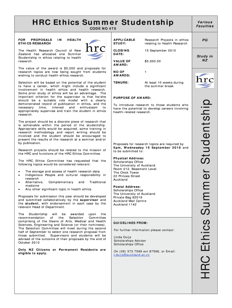 Fillable Online media auckland ac HRC Ethics Summer Studentship Fax ...