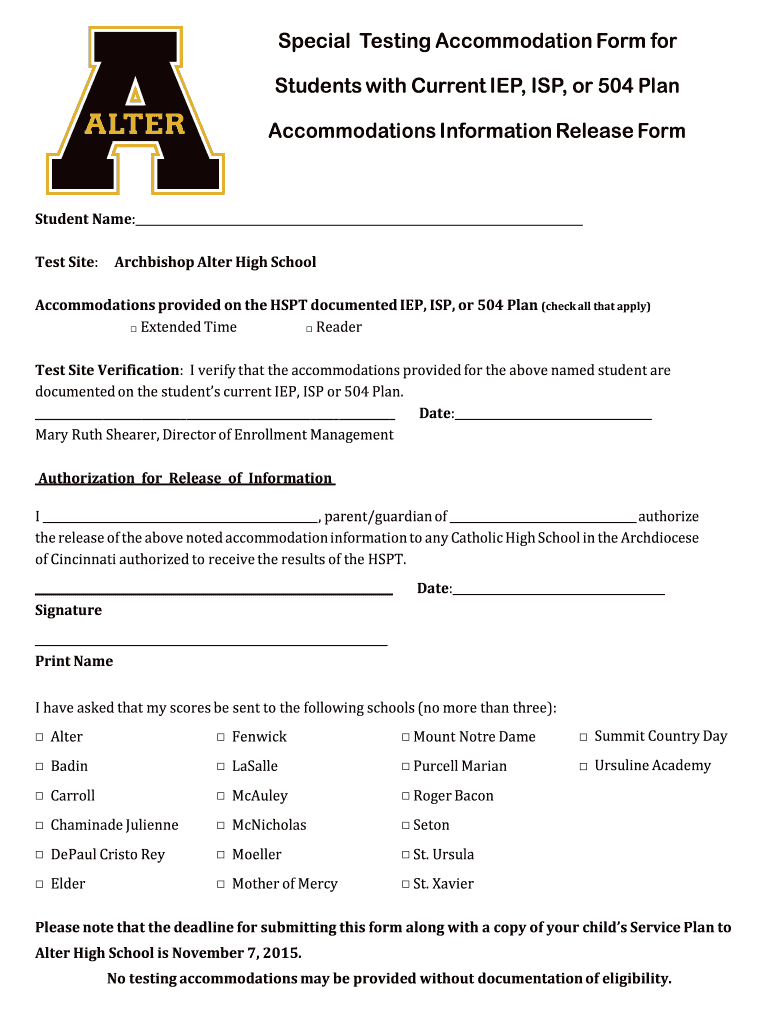 Fillable Online alterhs Special Testing Accommodation Form for Students ...