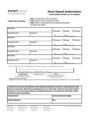 Fillable Online Direct Deposit Authorization - Inova Payroll Fax Email ...