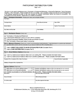 Fillable Online PARTICIPANT DISTRIBUTION FORM - PA Retirement Solutions ...