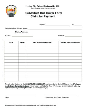 Fillable Online Substitute Bus Driver Form - Claim for Payment 080831 ...