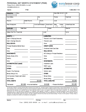 Fillable Online PERSONAL NET WORTH STATEMENT PNW Fax Email Print ...