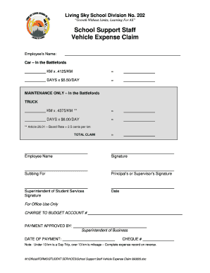Fillable Online School Support Staff Vehicle Expense Claim 090820doc ...