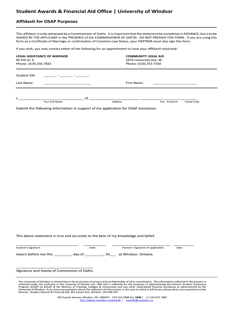 Fillable Online Affidavit for OSAP Purposes - University of Windsor Fax ...