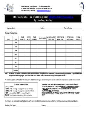 Fillable Online TIME RECORD SHEET FAX 49 688414 or - Allstaff Health ...