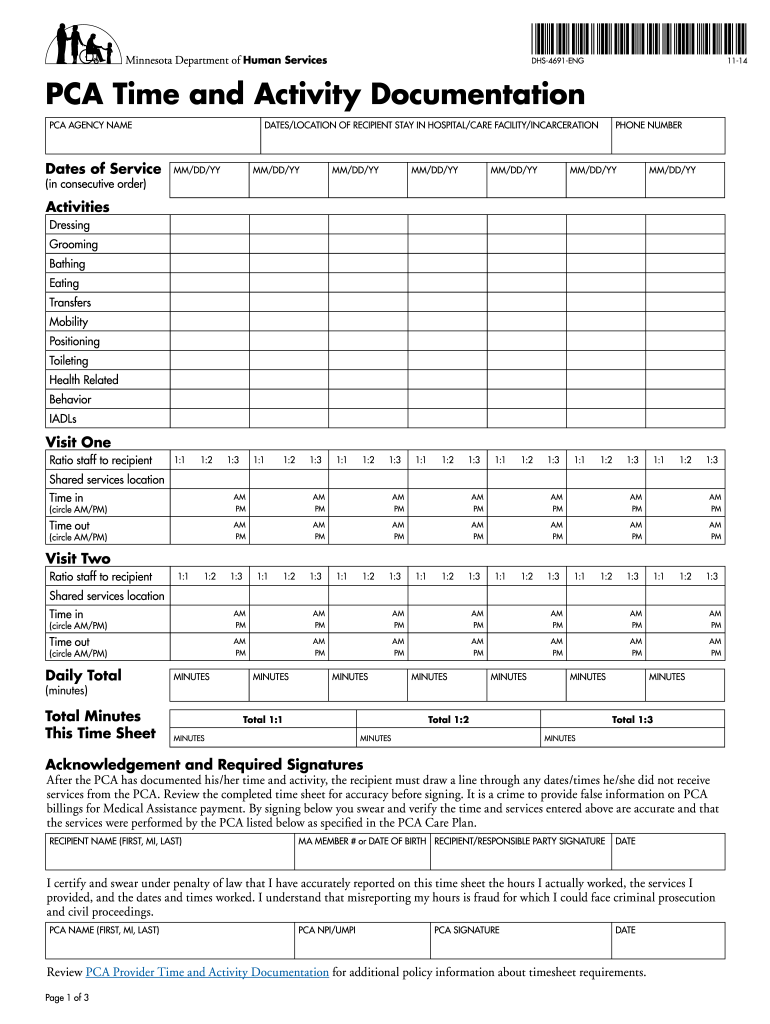 Fillable Online DHS 4691 ENG PCA Time And Activity Documentation This Fillable Online DHS 4691 ENG PCA Time And Activity Documentation This