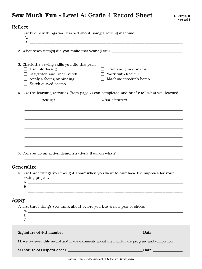 Fillable Online four-h purdue 4-H-925A-W.pm. Sewing record sheet ...