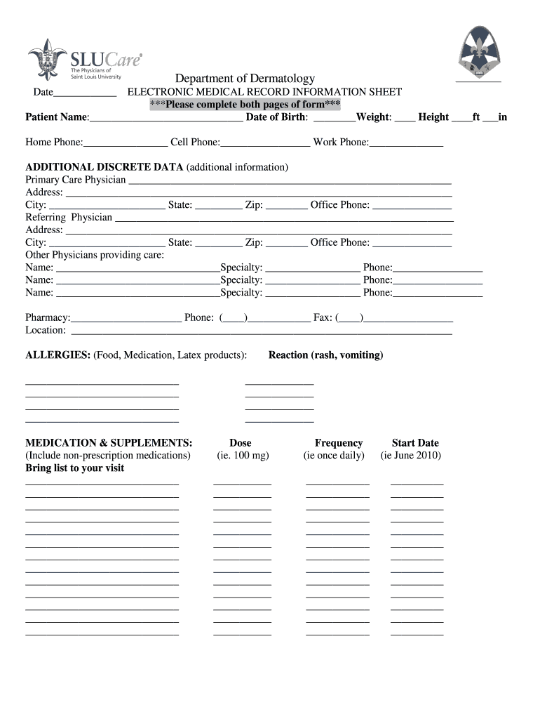 Fillable Online slu ELECTRONIC MEDICAL RECORD INFORMATION SHEET Fax ...
