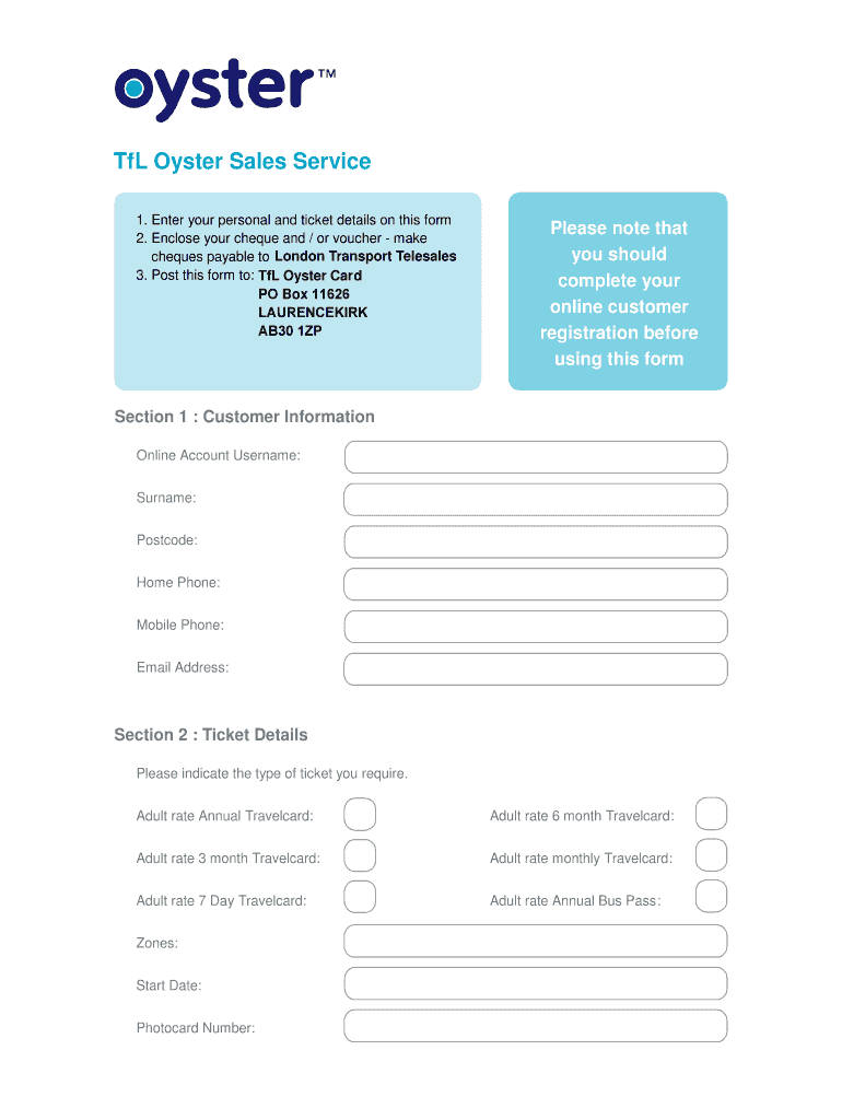 Fillable Online oyster tfl gov TfL Oyster online - Printable order form ...