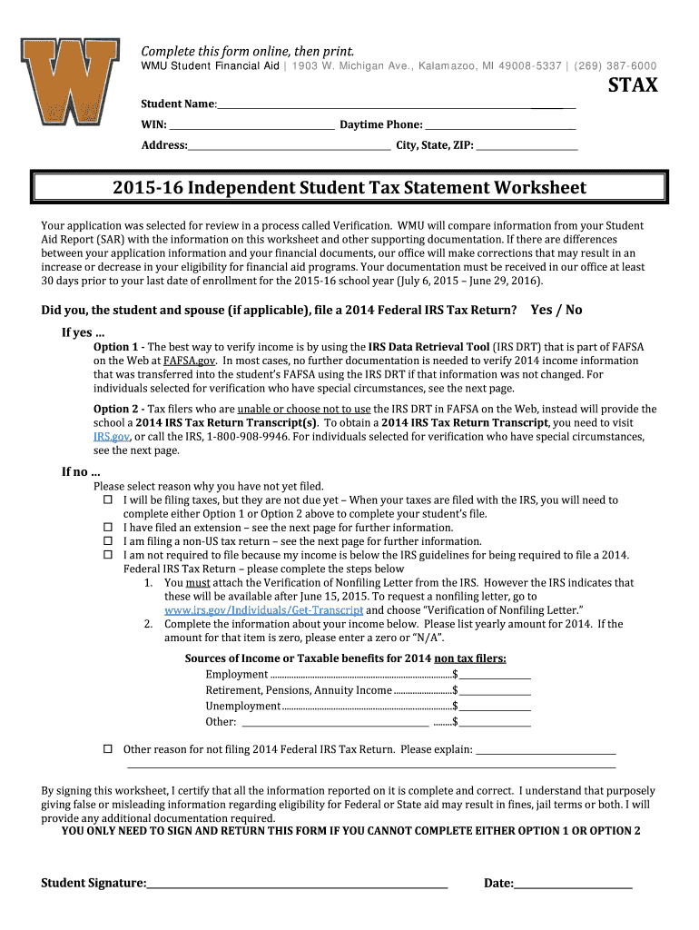 Fillable Online wmich 201516 Independent Student Tax Statement ...