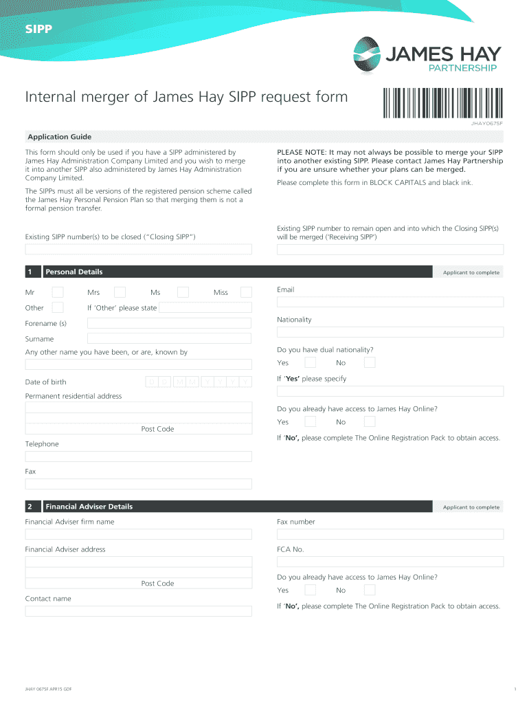 Fillable Online jameshay co Internal merger of James Hay SIPP request ...
