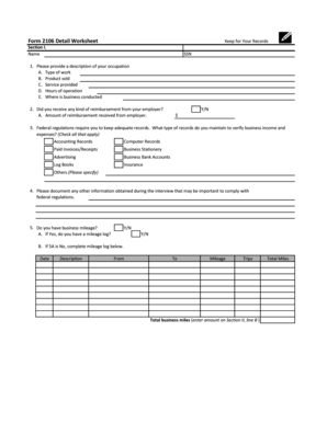 Fillable Online Form 2106 Detail Worksheet Keep for Your Records Fax ...