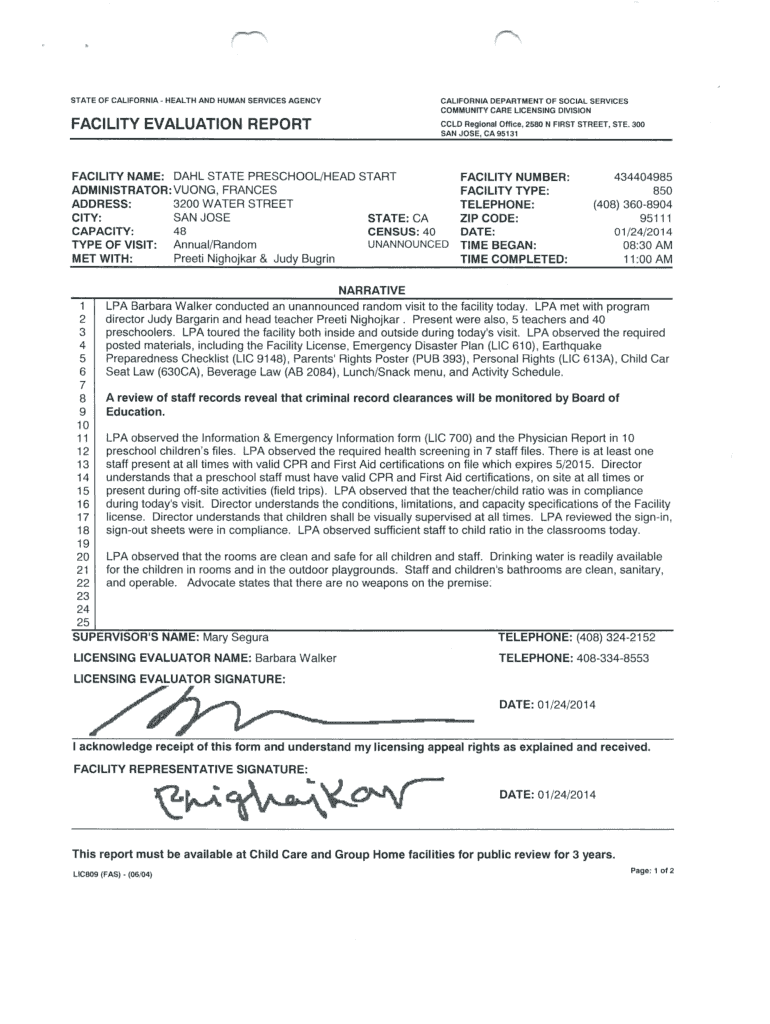 Fillable Online s3 documentcloud FACILITY EVALUATION REPORT CCLD ...