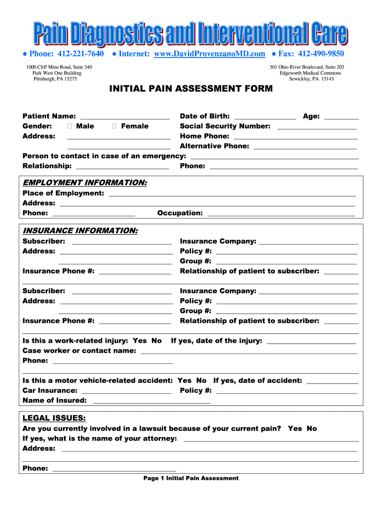 Fillable Online INITIAL PAIN ASSESSMENT FORM - davidprovenzanomdcom Fax ...