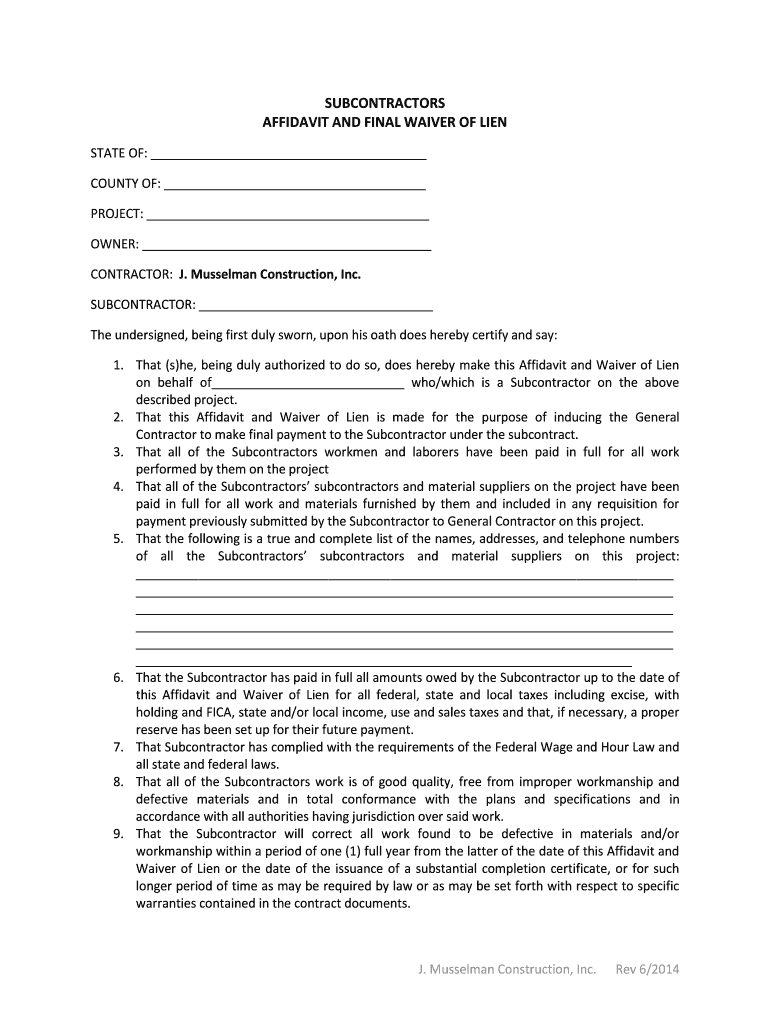 Fillable Online Subcontractors affidavit and bfinal waiverb of lien - J Musselman bb Fax Email ...