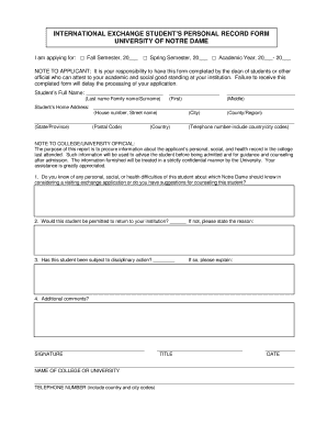 Fillable Online INTERNATIONAL EXCHANGE STUDENTS PERSONAL RECORD FORM ...