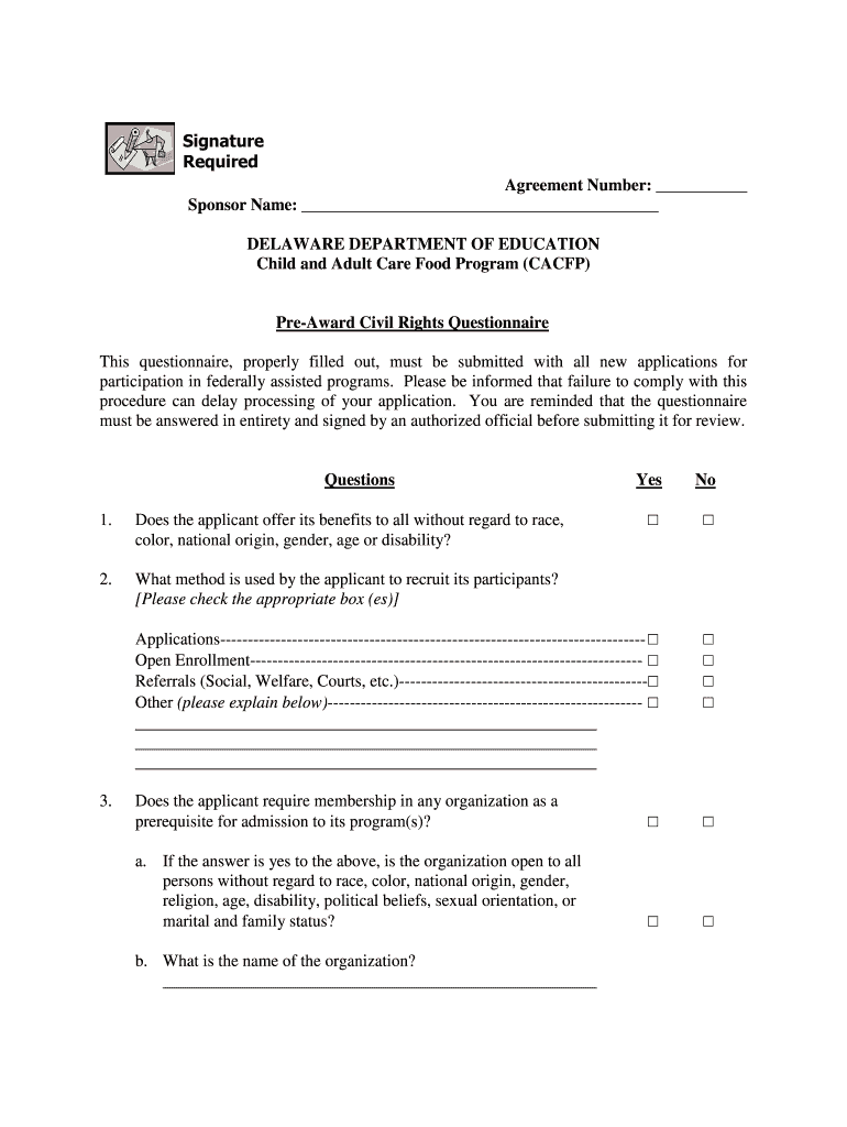 Fillable Online doe k12 de Pre-Award Civil Rights Questionnaire - doe k12 de Fax Email Print ...