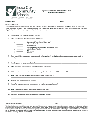 Fillable Online Questionnaire For Parents Of Child With Seizures Fax ...