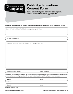 Fillable Online PublicityPromotions Consent Form - Girlguiding Fax ...