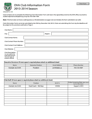 Fillable Online OVA Club Information Form 2013-2014 Season Fax Email ...