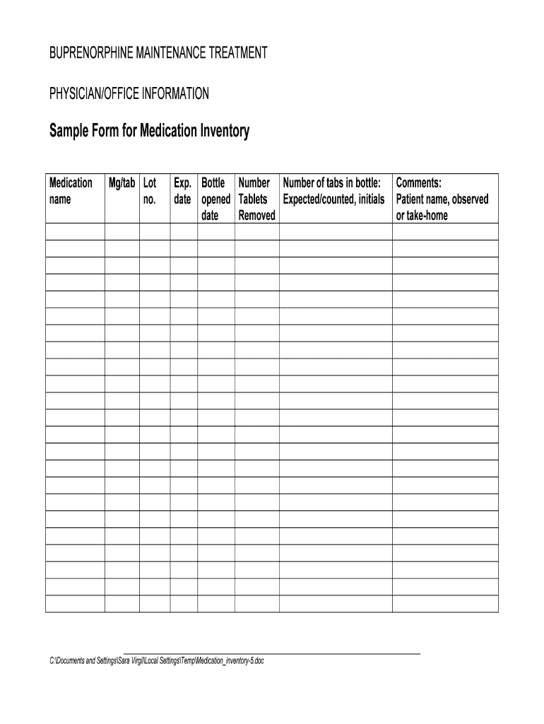 Fillable Online Sample Form for Medication Inventory - BupPractice Fax ...