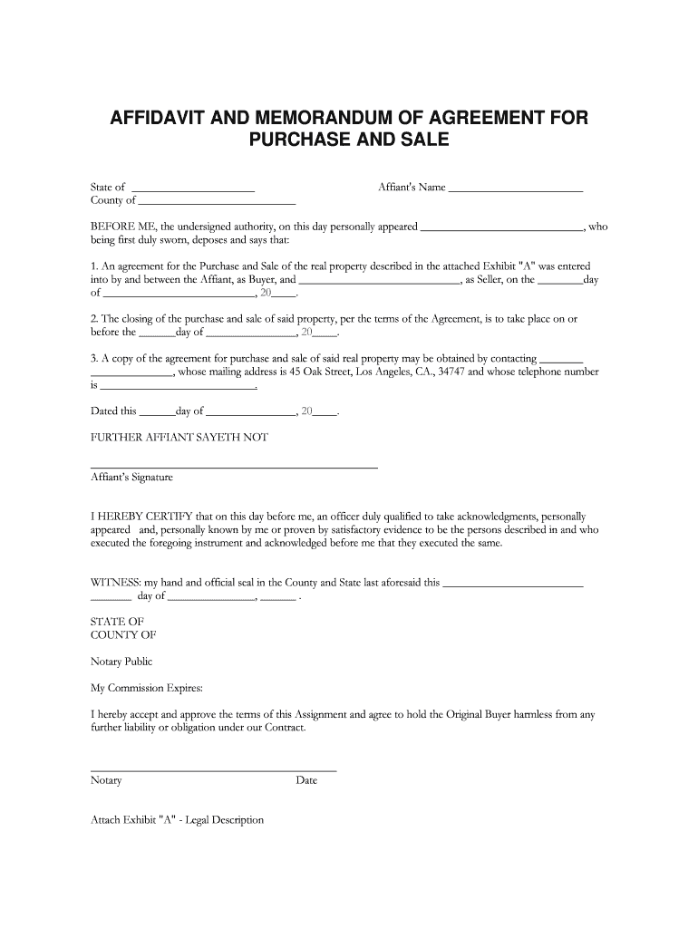 Fillable Online AFFIDAVIT AND MEMORANDUM OF AGREEMENT FOR Fax Email ...