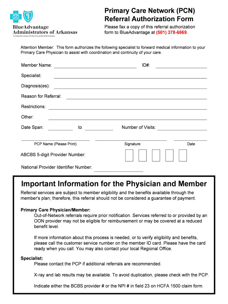 Fillable Online Primary Care Network PCN Referral Authorization Form ...