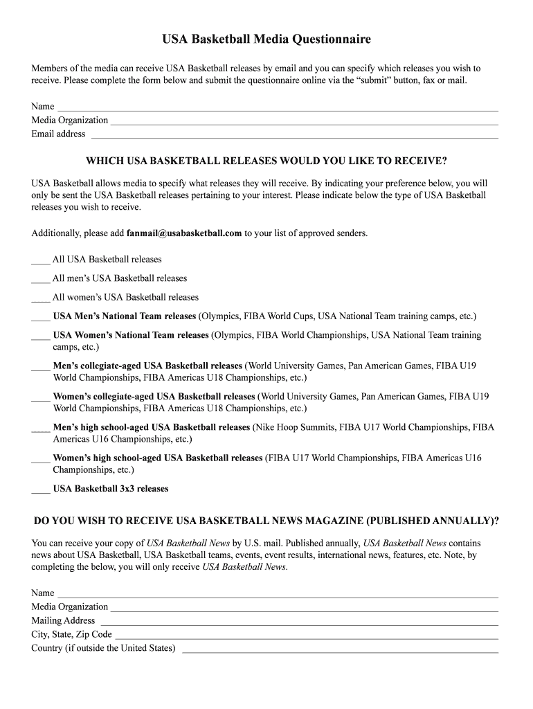 Fillable Online USA Basketball Media Questionnaire Fax Email Print ...