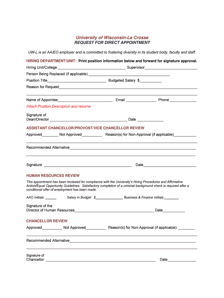 Fillable Online uwlax University of Wisconsin-La Crosse REQUEST FOR ...