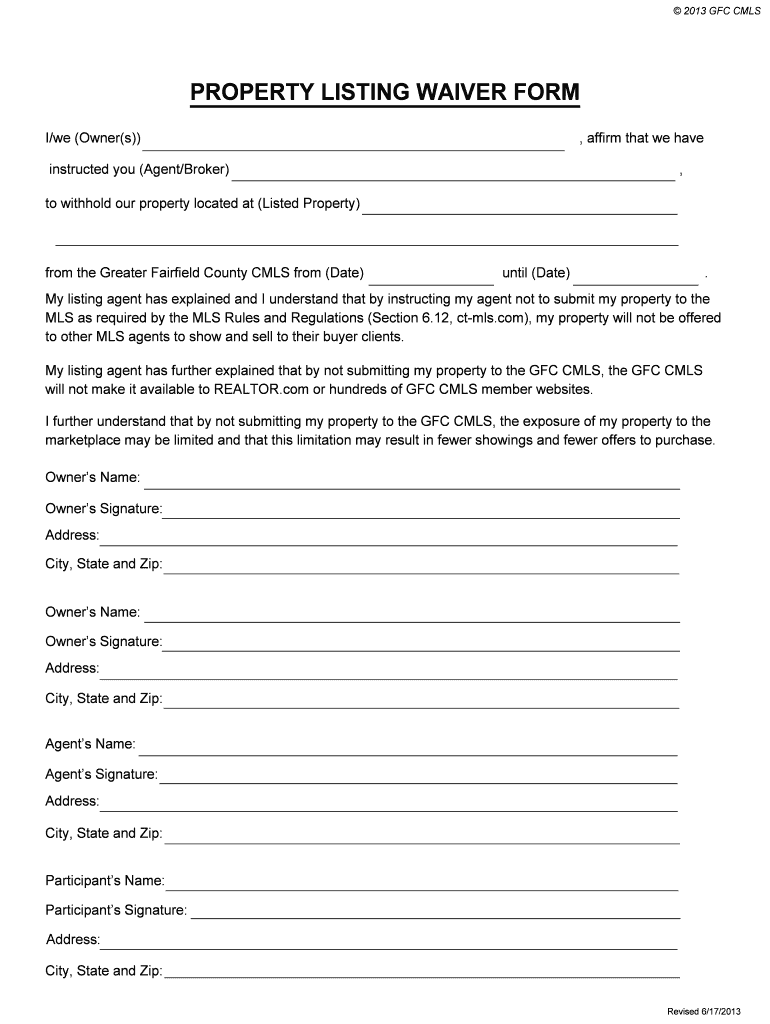 Fillable Online PROPERTY LISTING WAIVER FORM - bct-mlscomb Fax Email ...