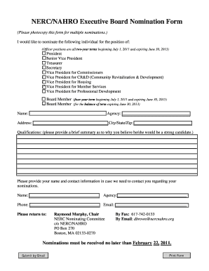 Fillable Online nercnahro NERCNAHRO Executive Board Nomination Form Fax ...