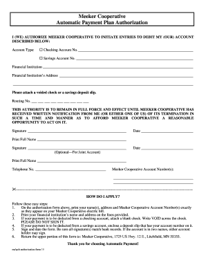 Fillable Online meeker Automatic Payment Plan Authorization - meeker Fax Email Print - pdfFiller