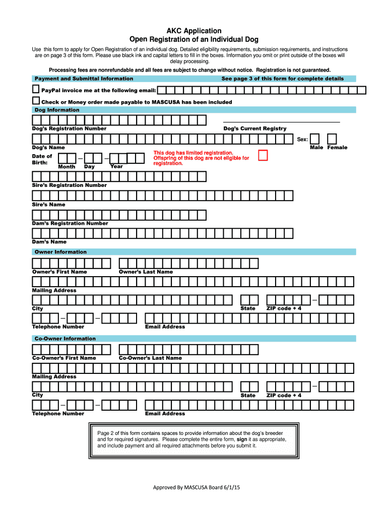 Fillable Online mascusa AKC Application Open bRegistrationb of an Individual Dog - mascusa Fax ...