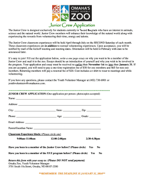 Fillable Online Junior Crew Application - Entertainment Omaha Fax Email ...