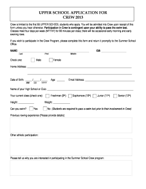 Fillable Online exeter UPPER SCHOOL APPLICATION FOR CREW 2013 Fax Email ...