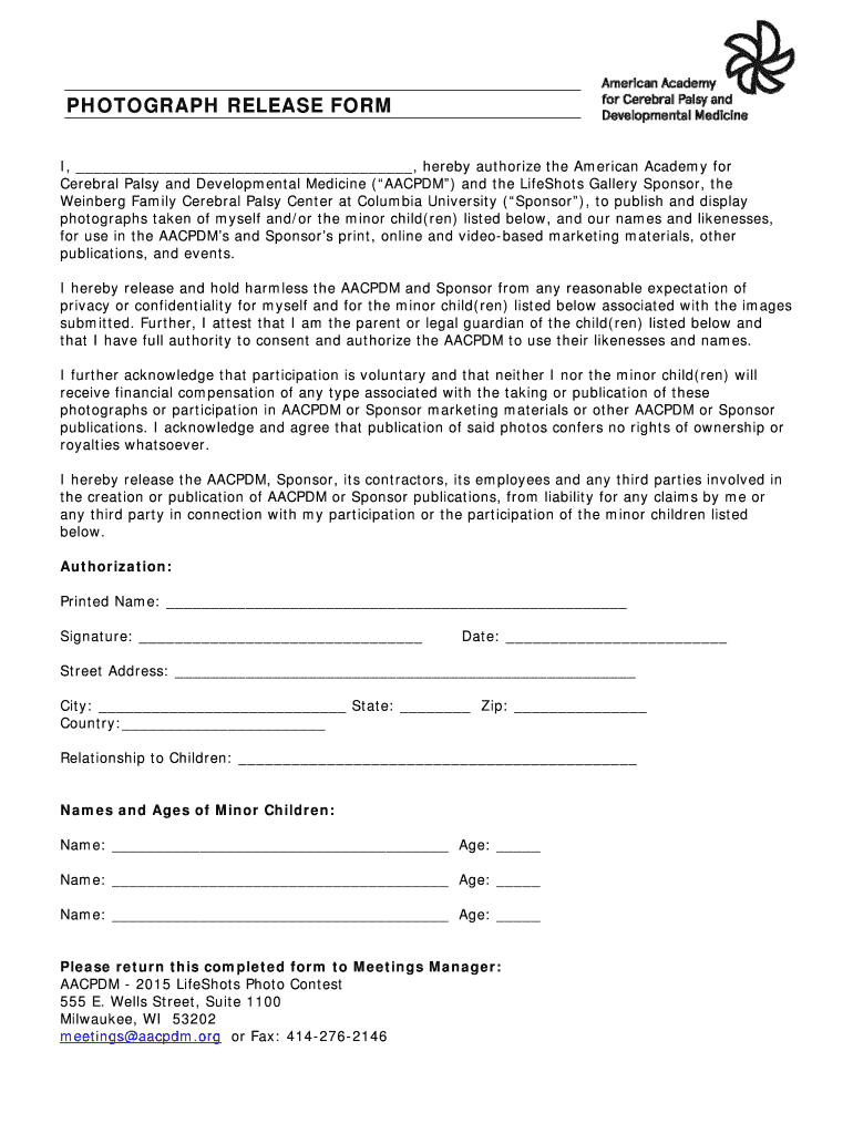 Fillable Online PHOTOGRAPH RELEASE FORM - AACPDM Fax Email Print ...