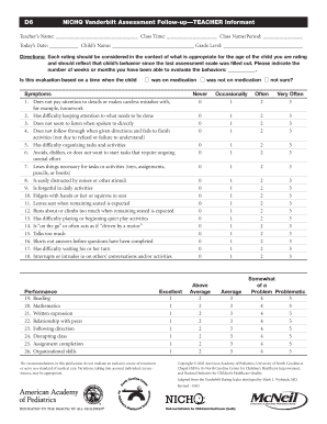 Fillable Online ADHD NICHQ Vanderbilt Assessment Follow-Up for Teacher ...