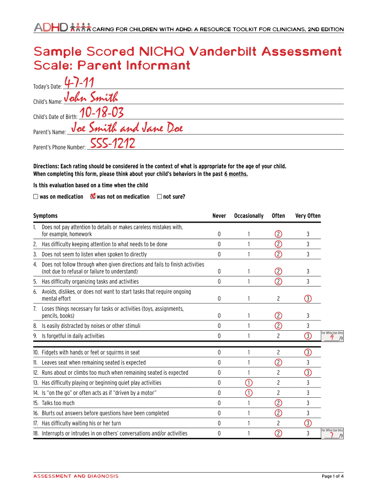 Fillable Online Sample Scored NICHQ Vanderbilt Assessment Scale Parent 