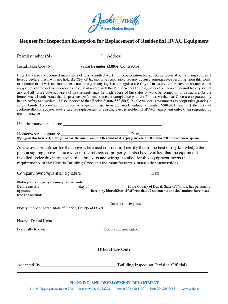 Fillable Online Request for Inspection Exemption for Replacement of ...
