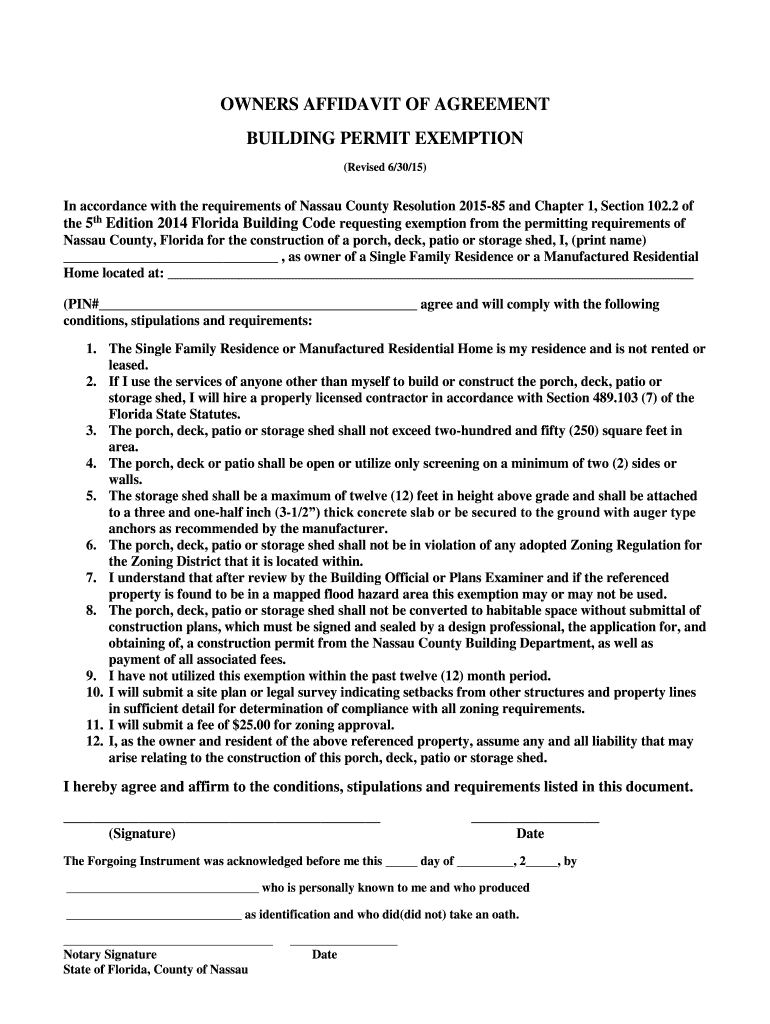Fillable Online OWNERS AFFIDAVIT OF AGREEMENT BUILDING PERMIT EXEMPTION ...