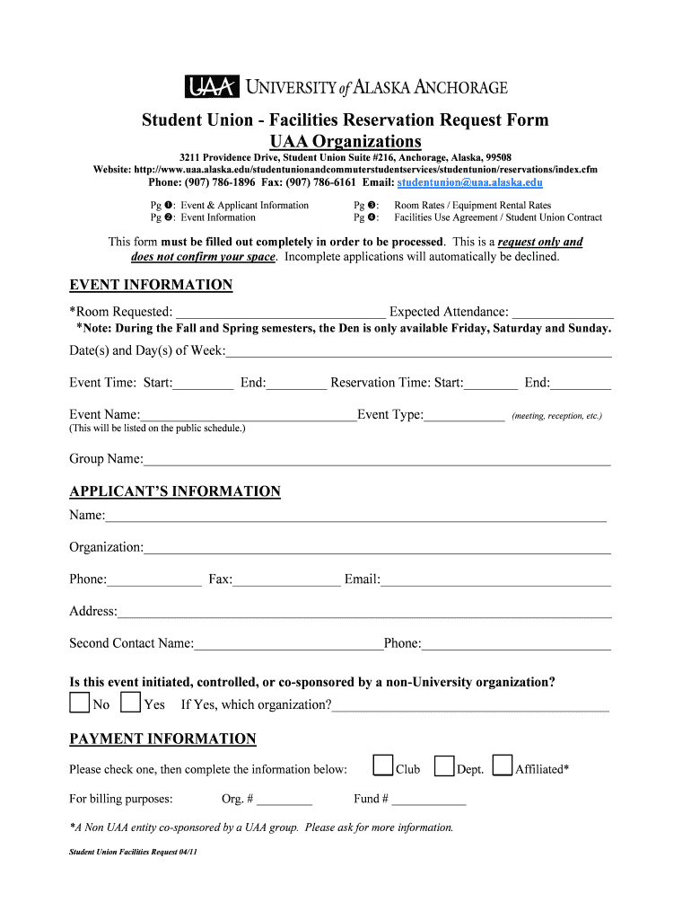 Fillable Online uaa alaska Student Union Reservation bRequest Formb - University of Alaska bb ...