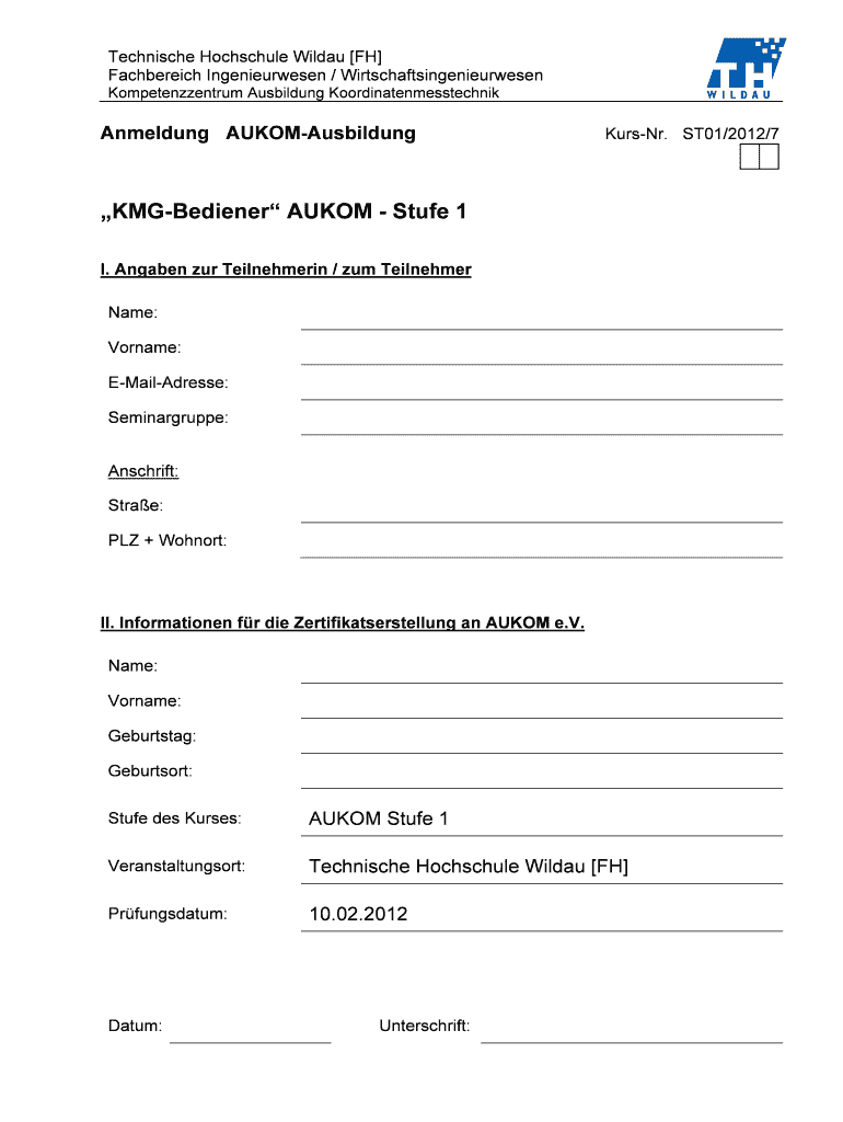 Ausfüllbar Online Informationen fr die Zertifikatserstellung an AUKOM e ...
