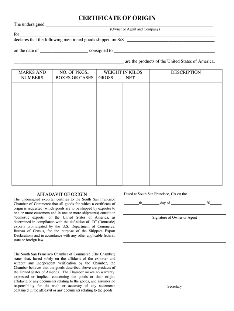 Fillable Online CERTIFICATE OF ORIGIN - bssfchambercomb Fax Email Print ...