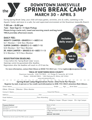 Fillable Online ymcajanesville Spring break camp - YMCA of Northern ...