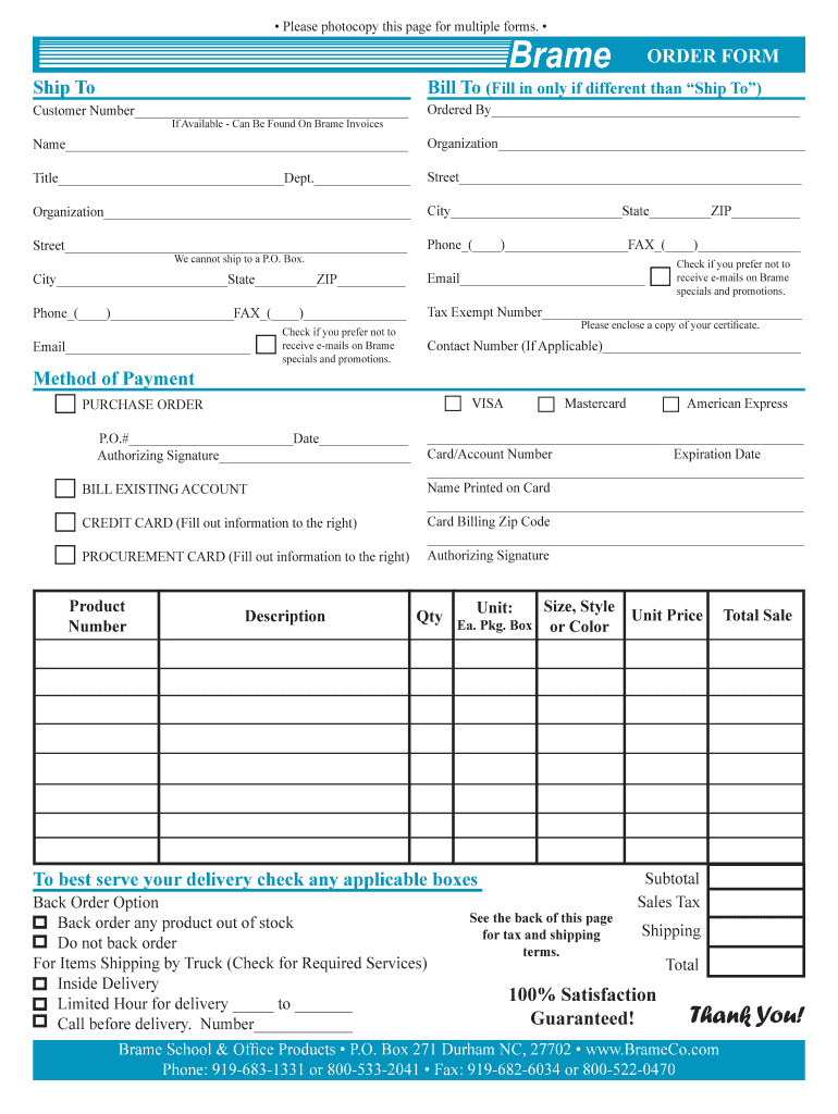 Fillable Online Printable Order bFormb - Brame School amp Office ...