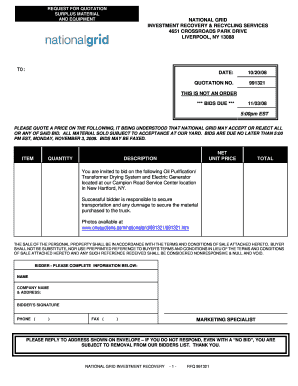 Fillable Online REQUEST FOR QUOTATION SURPLUS MATERIAL NATIONAL GRID Fax Email Print - pdfFiller