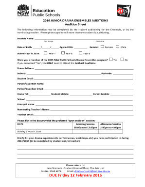Fillable Online 2016 JUNIOR DRAMA ENSEMBLES AUDITIONS Audition Sheet ...